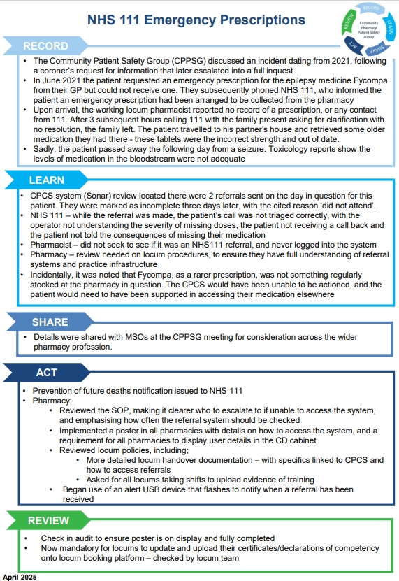 NHS 111 emergency prescriptions – Community Pharmacy Patient Safety Group